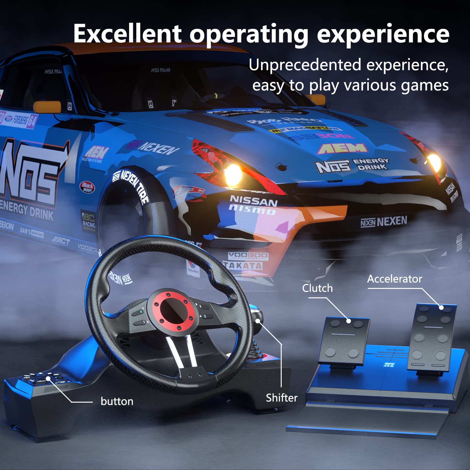 Racing Steering Wheel with Floor Pedals/Shifter and Vibration Leather Steering Wheel Cover for PS4/ PS3/ XBOX One/XBOX Series X|S/Switch/PC Racing Steering Wheel
