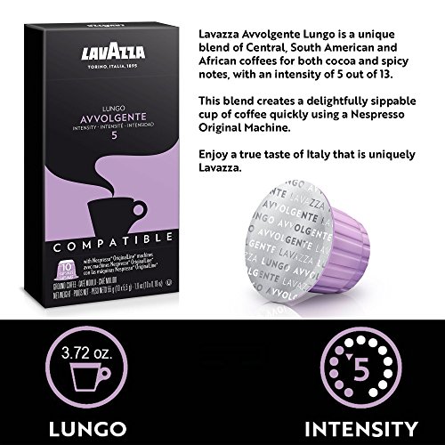 Lavazza Premium Coffee Corp Nespresso OriginalLine Compatible Capsules Avvolgente Espresso Lungo, Dark Roast Coffee, 10 ct