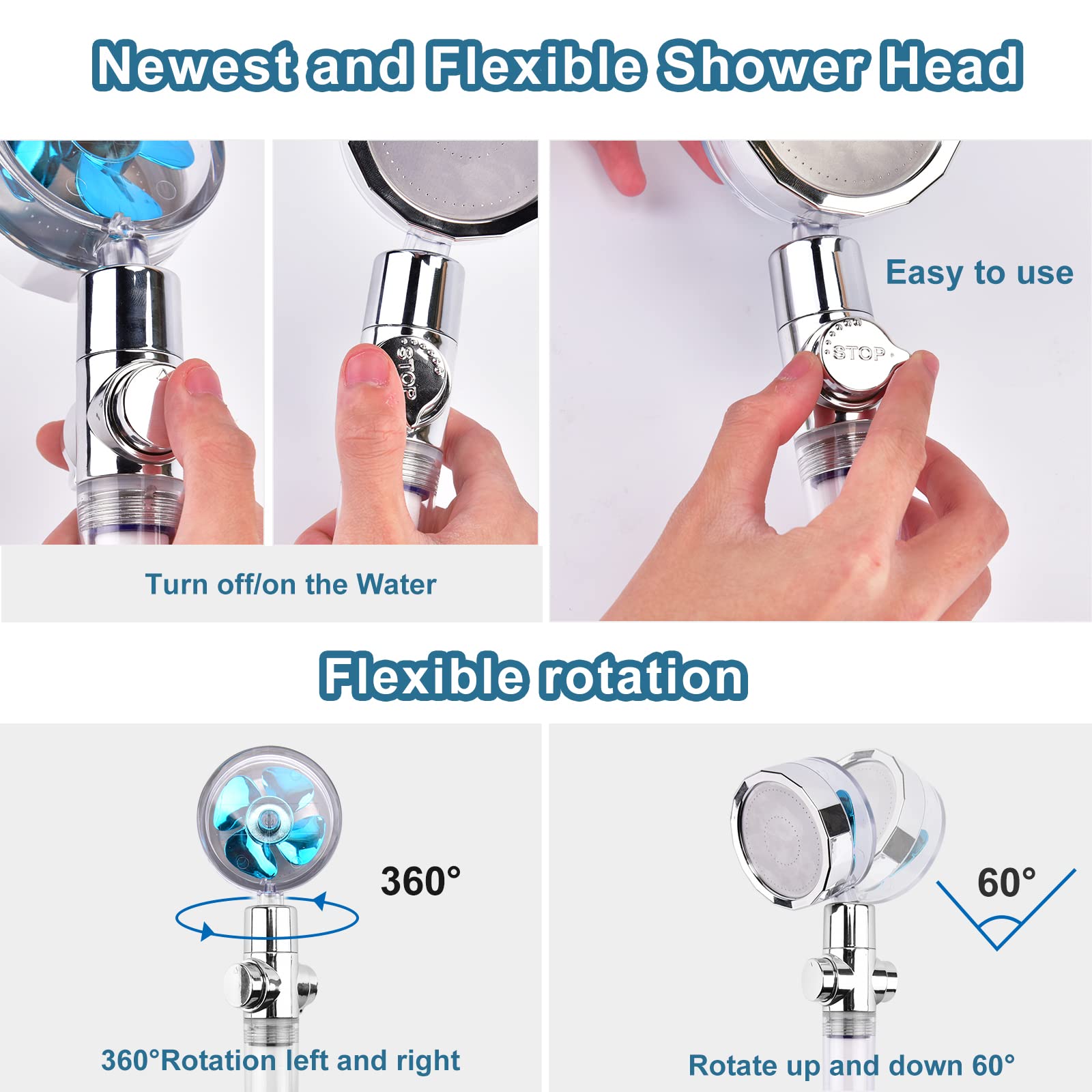 TESECU Turbo Shower Head, Modern Style, 5 Settings, 6 L/min Flow, 360 Rotation, Tool-Free Installation, ABS Material, Stainless Steel Panel, 79" Shower Hose, Bath Ball, Shampoo Comb