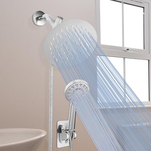 Shower Head with Hose, High-Pressure Stainless Steel 8'' Rain Showerhead and 5 Settings Handheld Shower Spray Combo with Push Button Flow Control for Easy Operation (NearMoon Shower Head Set), Chrome