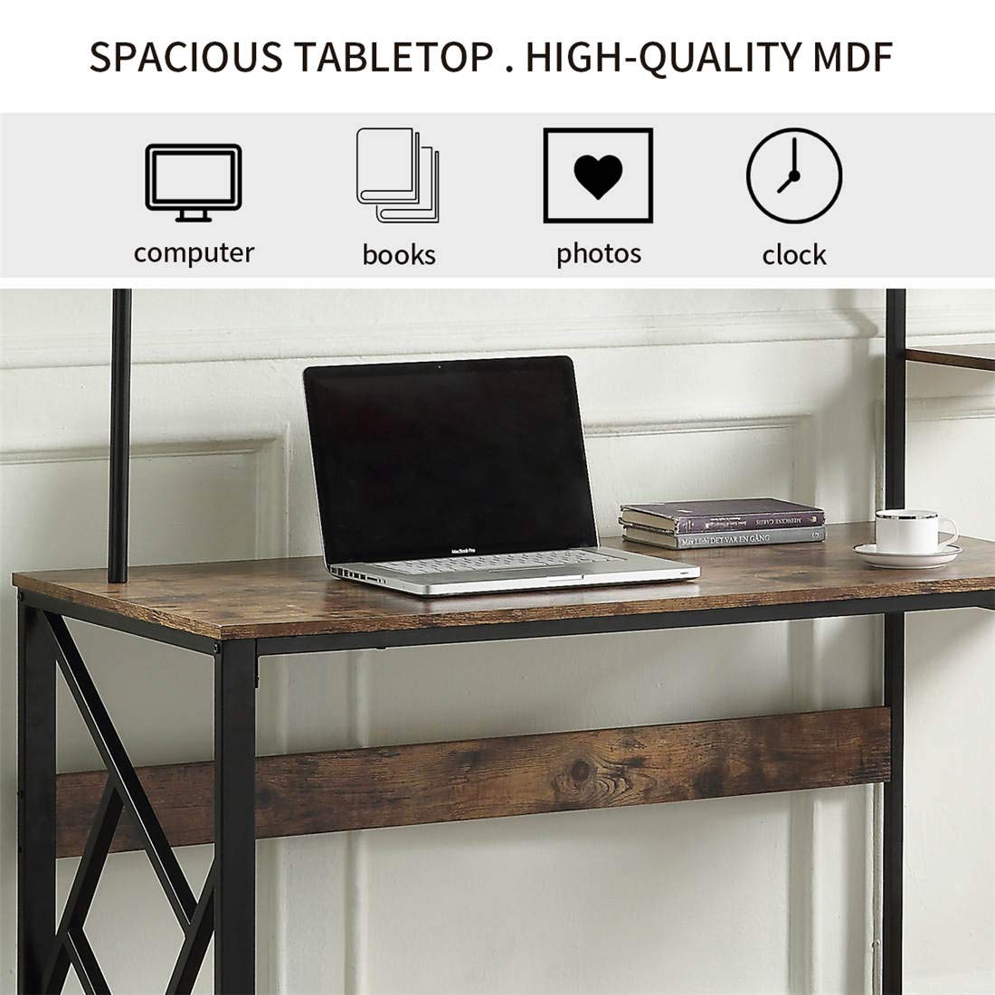 NICESOUL L-59'' Home Office Computer Desk with Hutch and Shelf Computer Table Metal Frame Dark Walnut Wooden Desktop New Modern Design (59''L- Black Walnut)…