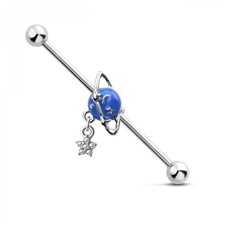 Pierced Owl 14GA CZ Star Dangling From Blue Saturn 316L Surgical Stainless Steel Industrial Cartilage Barbell