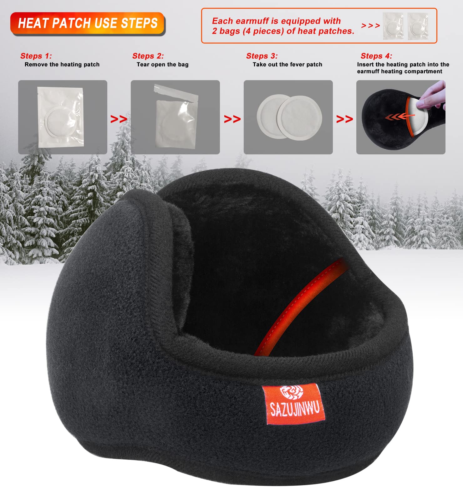 sazujinwu Winter Men's Earmuffs with Heating Compartment Fold Fleece Ear Muffs Women`s Ear Warmers Back Neck Earmuff Black