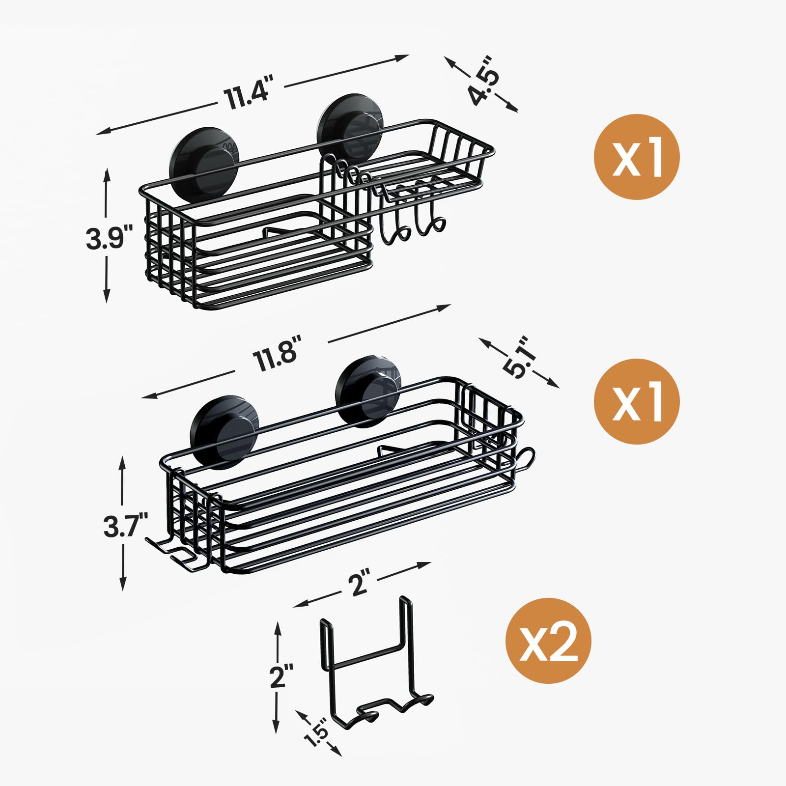 LEVERLOC Shower Caddy Suction Cup, 2 Pack Shower Shelves for Inside Shower with Hooks & Soap holder, NO-Drilling Bathroom Shower Organizer, Rustproof Stainless Steel Shower Holder Storage, Black