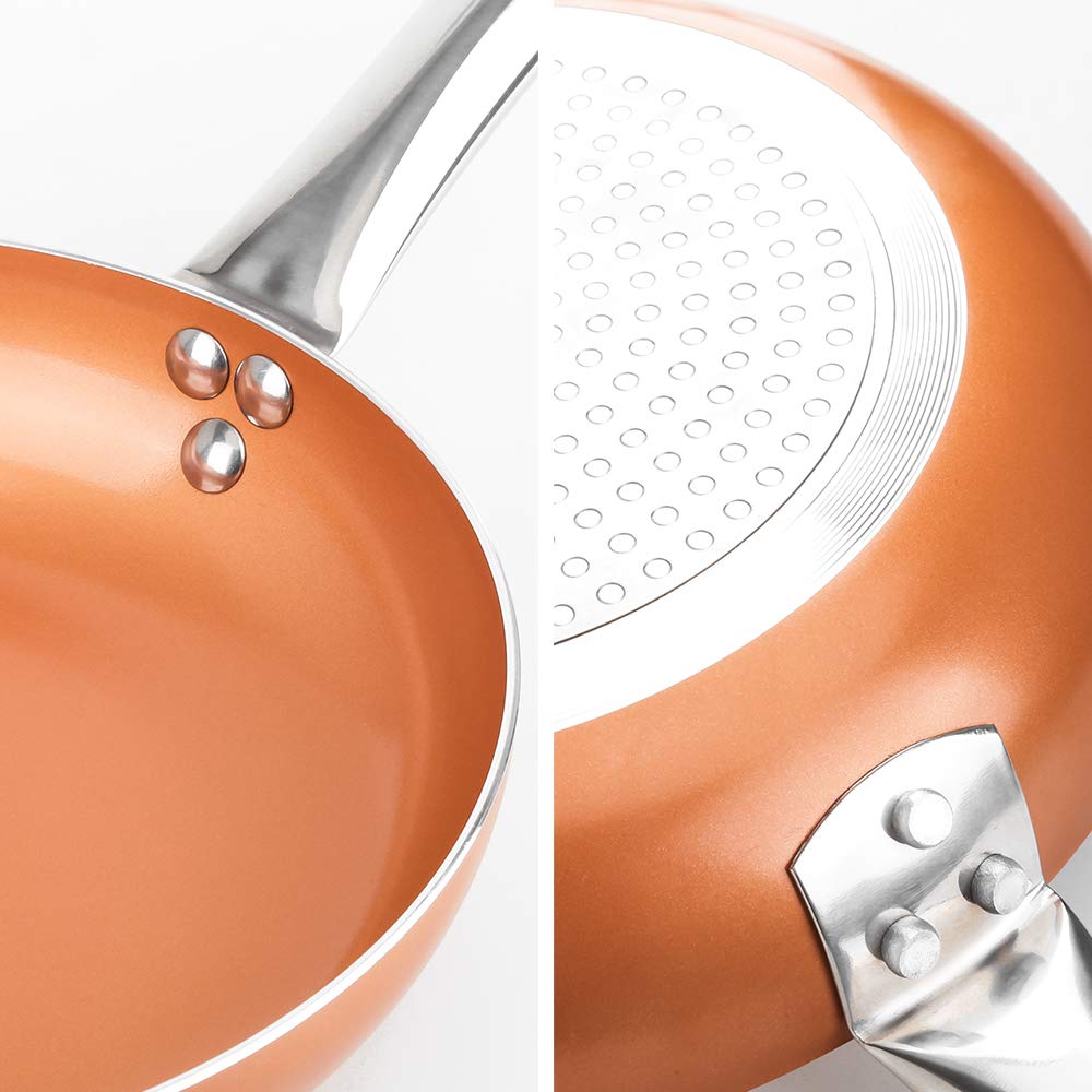 SHINEURI 9.5 inch Copper Fry Pan with Lid, Nonstick Omelet Pans - Perfect for Stir fry, Sauce & Baking, Compatible for Induction, Gas, Electric & Stovetops, Perfect for 2-3 Person Meal
