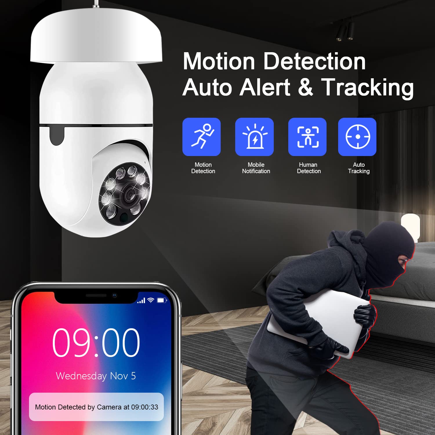 Wireless WiFi Light Bulb Security Camera, Support 5GHz/2.4GHz WiFi 1080P Outdoor Light Socket Security Cameras with 2-Way Talk, Smart Motion Detection Night Vision APP Alarm Events for Indoor/Home