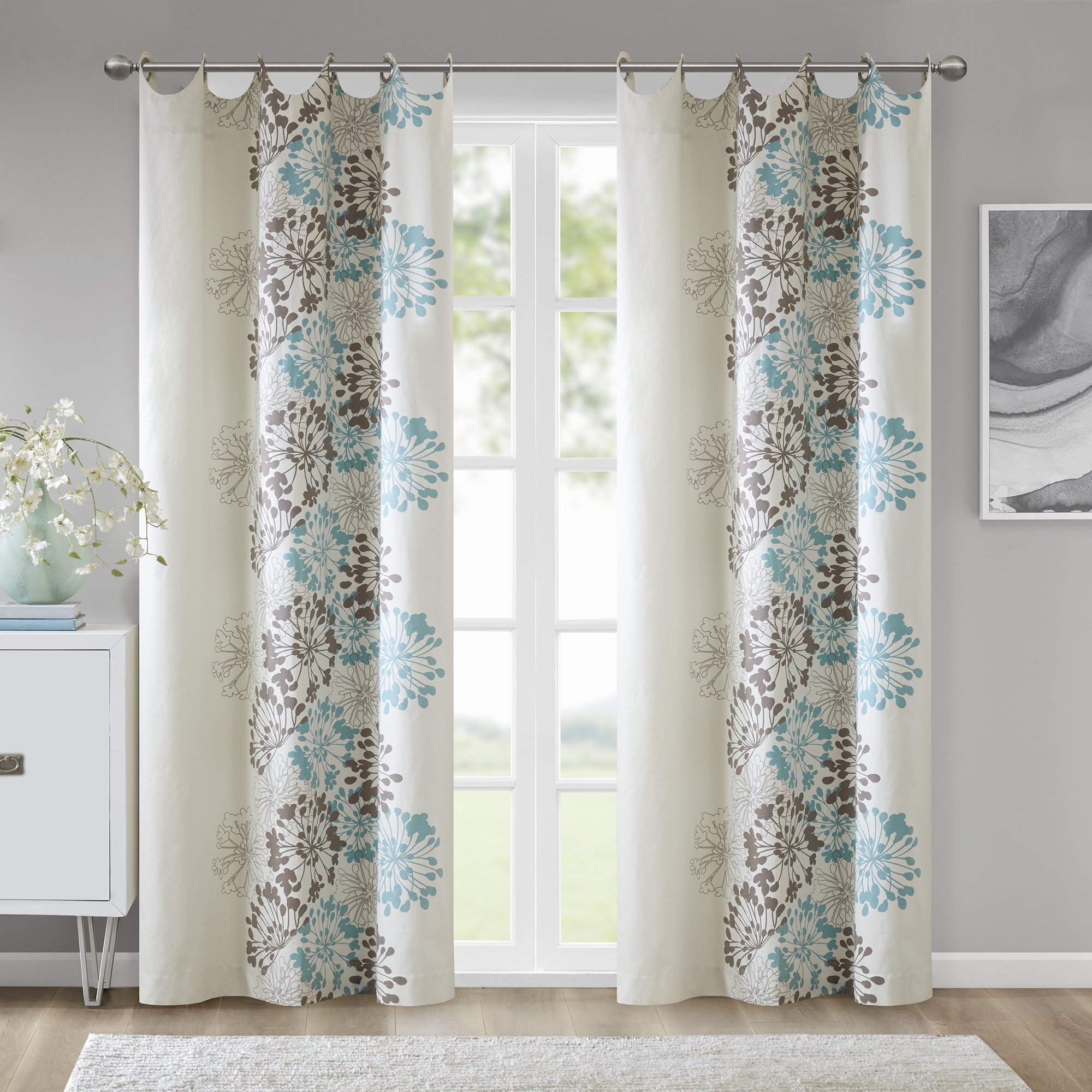 Madison Park Anaya Window Curtain Grommet Tops Thermal Insulated Window Panel for Living Room Bedroom and Dorm Single Panel, 50x84, Blue/Brown