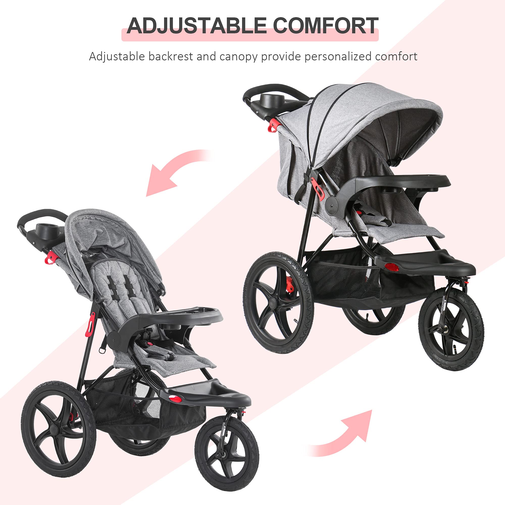 Qaba Baby Stroller Foldable Carriage for Toddler with Adjustable Backrest and Canopy Suspension System Rubber Tire 5-Point Harness Cup Holder Storage Basket Grey