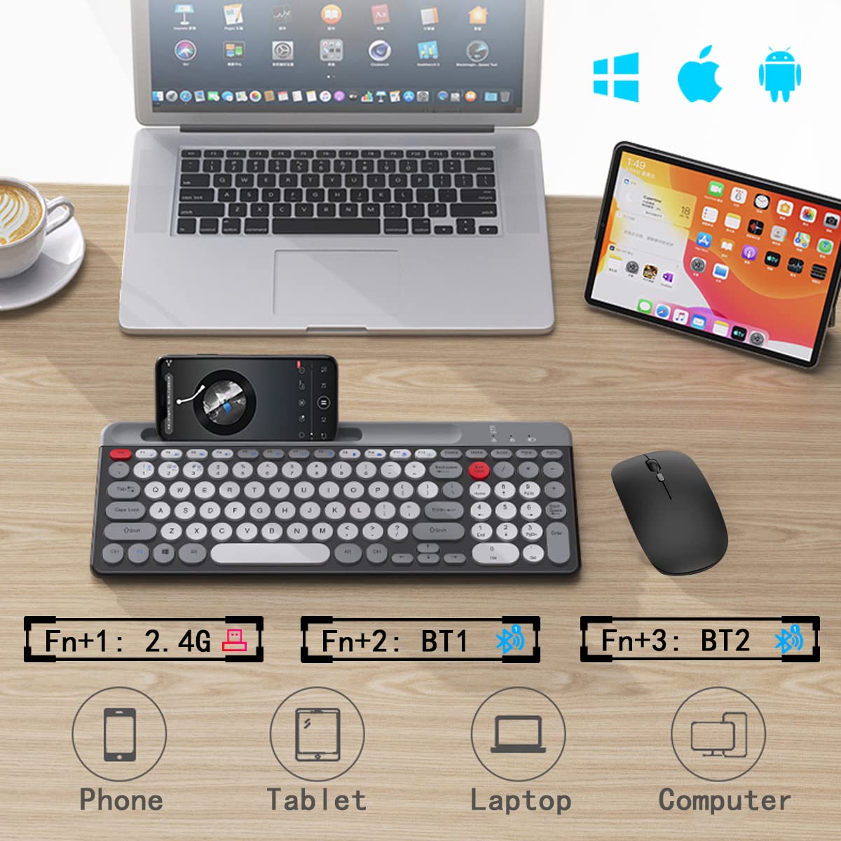 Wireless Keyboard and Mouse Combo, LORERAN 2.4G Ergonomic Wireless Computer Keyboard with Phone Tablet Holder, Silent Mouse, Compatible with MacBook, Windows (Black)