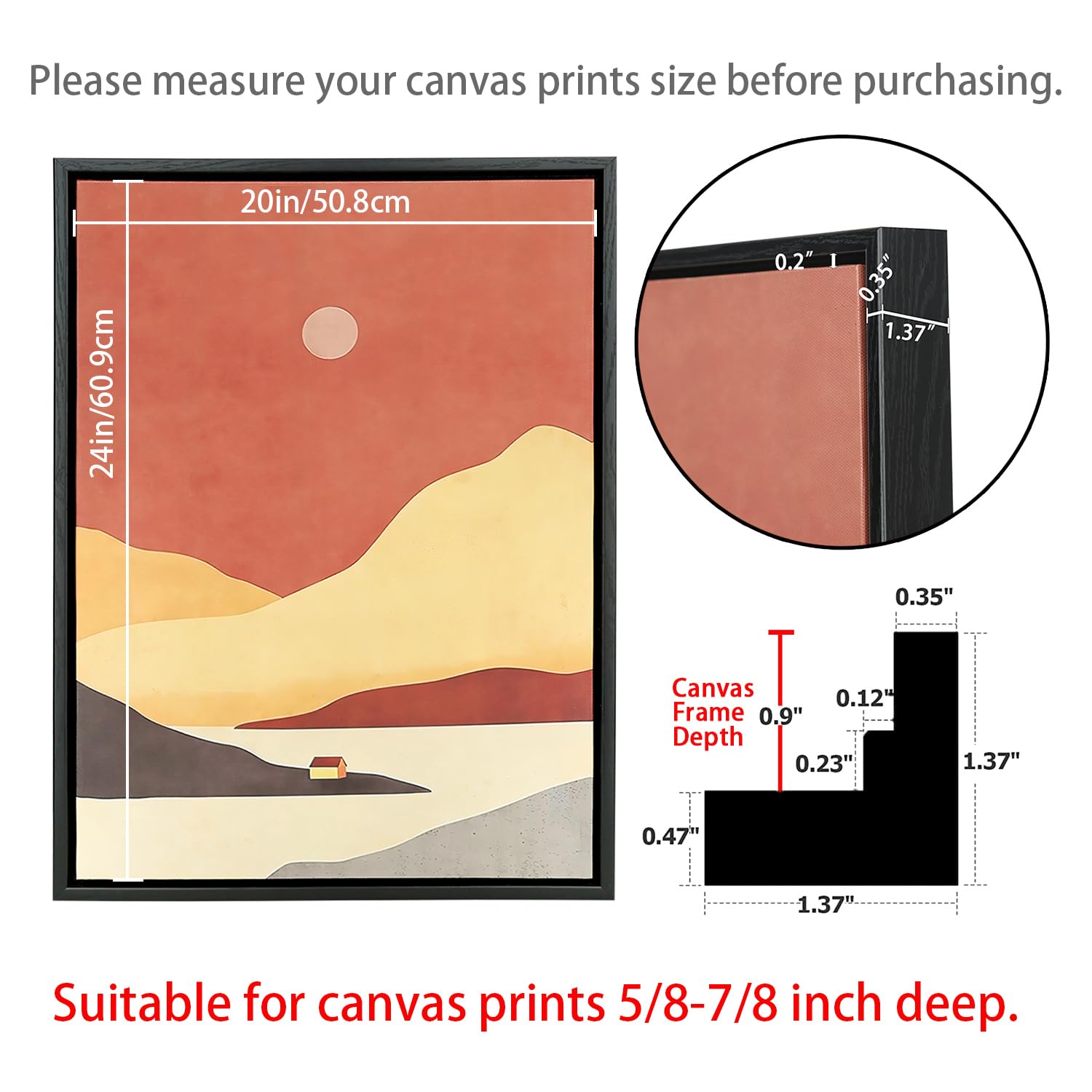 LTYHHK Floating Frame for 20x24 Inch Canvas Prints, 5/8-7/8β Deep Floater Frames for Canvas Paintings, Floating frame for Oil Prints, Diamond Painting,Paint by Numbers (LB2024)