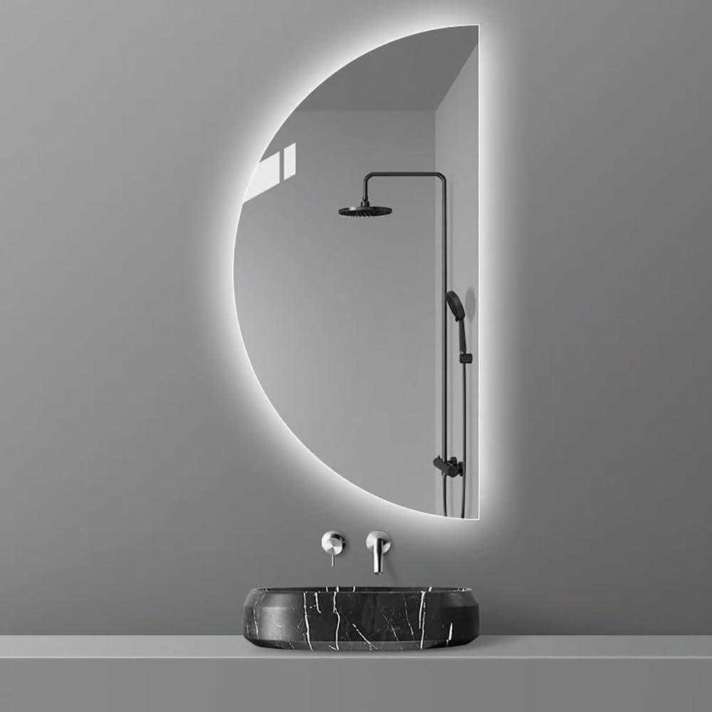 NURCIX LED Bathroom Mirror Wall-Mounted Vanity Mirror, Dimmable with Anti-Fog Half Moon Backlit Wall Mirror, 3 Color Dimmable Touch Control Mirror (Color : Right Cut, Size : 50 * 100CM/40 * 20IN)