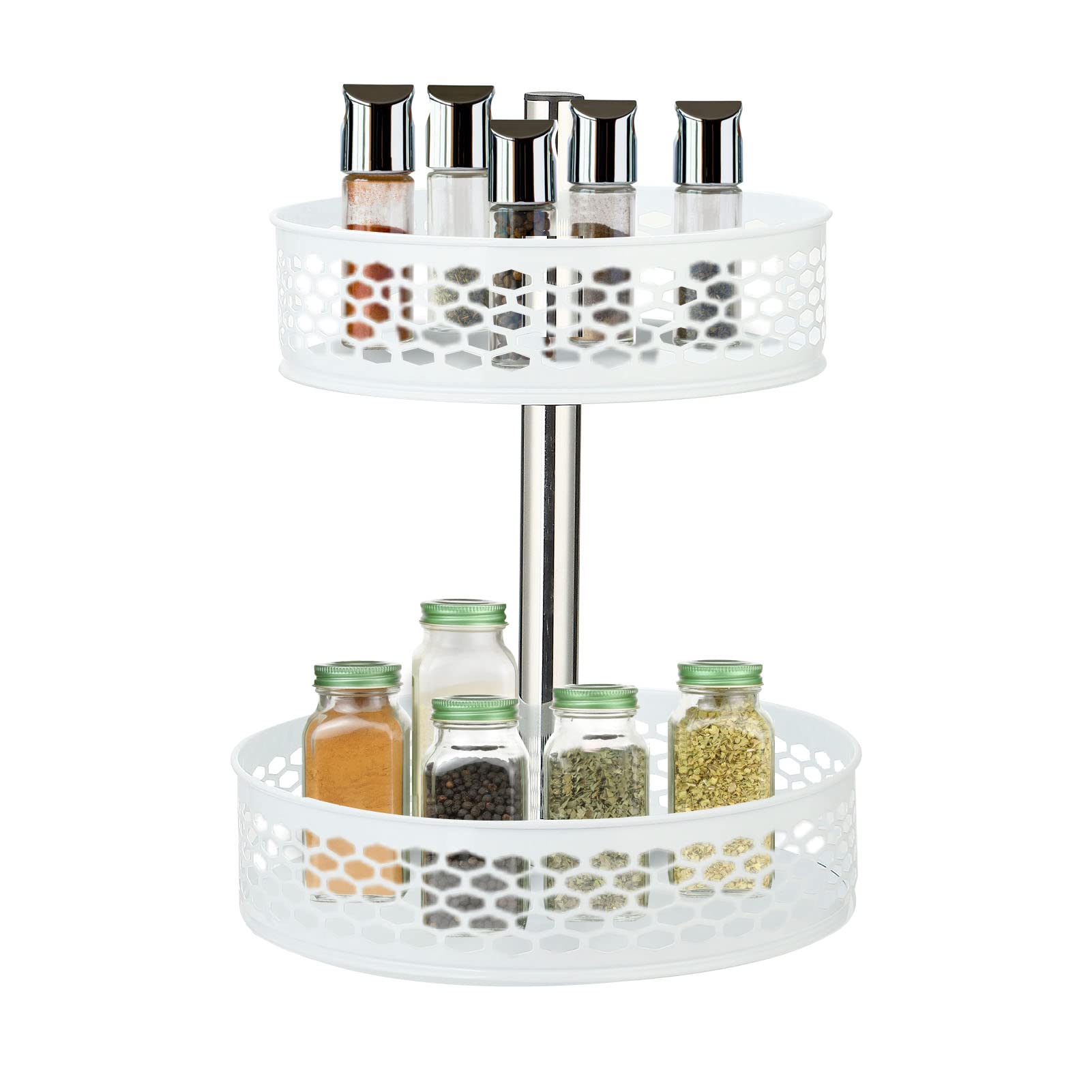 Lazy Susan Organizer, 2 Tier Rotatable Spice Rack, Spice Organizer with Suction Cup Base, Kitchen Countertop Organizer, Stainless Steel Turntable Organizer for Cabinet Bathroom Table