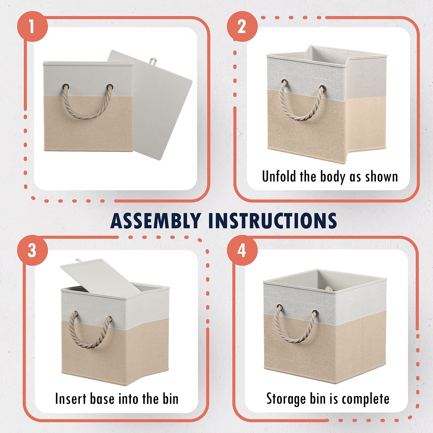 Ornavo Home Foldable Collapsible Storage Box Bins Linen Fabric Shelf Basket Cube Organizer with Rope Handles - Set of 6 - 13 x 13 x 13 - White/ Khaki