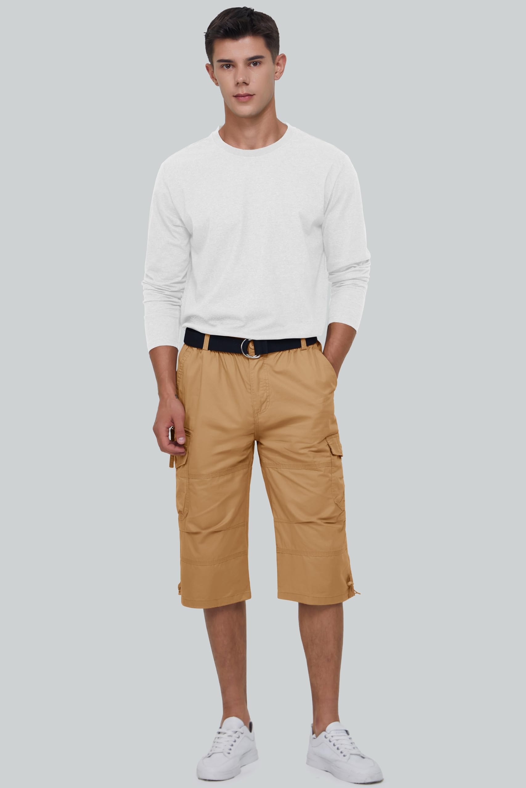 MAGCOMSEN Men's below Knee Long Shorts Cotton Work 3/4 Cargo Capris 7 Pockets Twill Military Summer Shorts Khaki 32