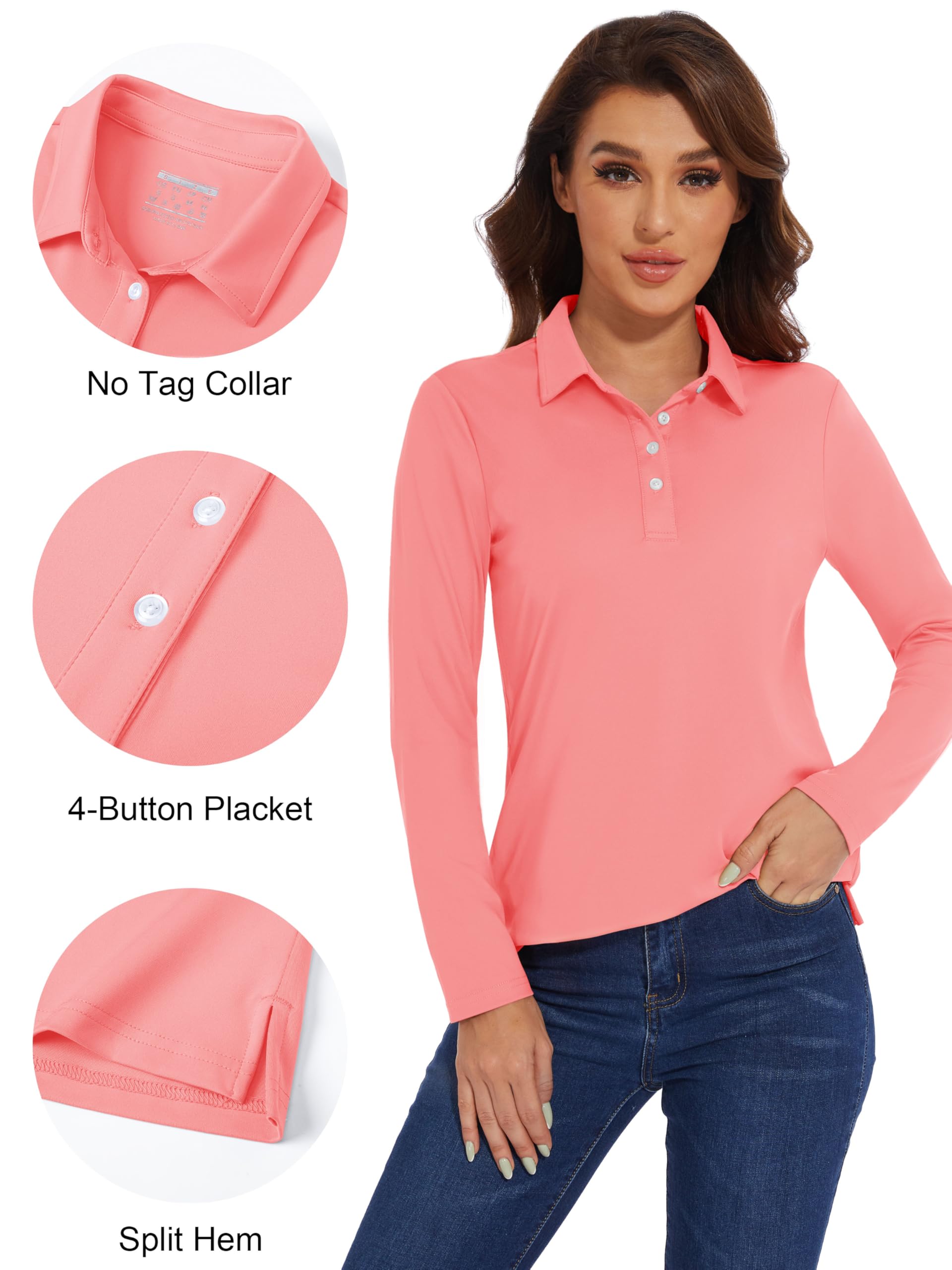 MAGCOMSEN Women's Fishing Polo Shirts Long Sleeve Collared UPF 50+ Quick Dry Performance Rashguard for Women Activewear Pink,M
