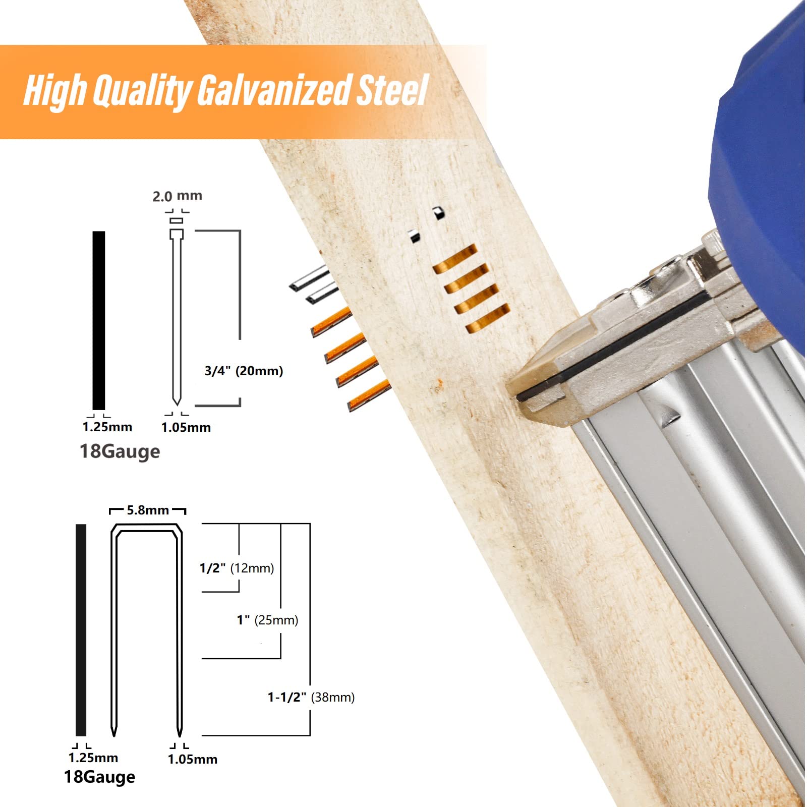 SITLDY 18 Gauge 1200-Count, Narrow Crown Staples 1/2"-200, 1"-400, 1-1/2"-200 and Brad Nails 3/4"-400, Galvanized, Assorted Size Project Pack
