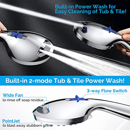 Shower Heads High Pressure with Spray, DOTTE Handheld Shower Head with Hose, Showerhead Built-in Power Wash to Clean Tub, Tile & Pets, Extra Long 6‘5” Stainless Steel Hose, Wall & Overhead Brackets
