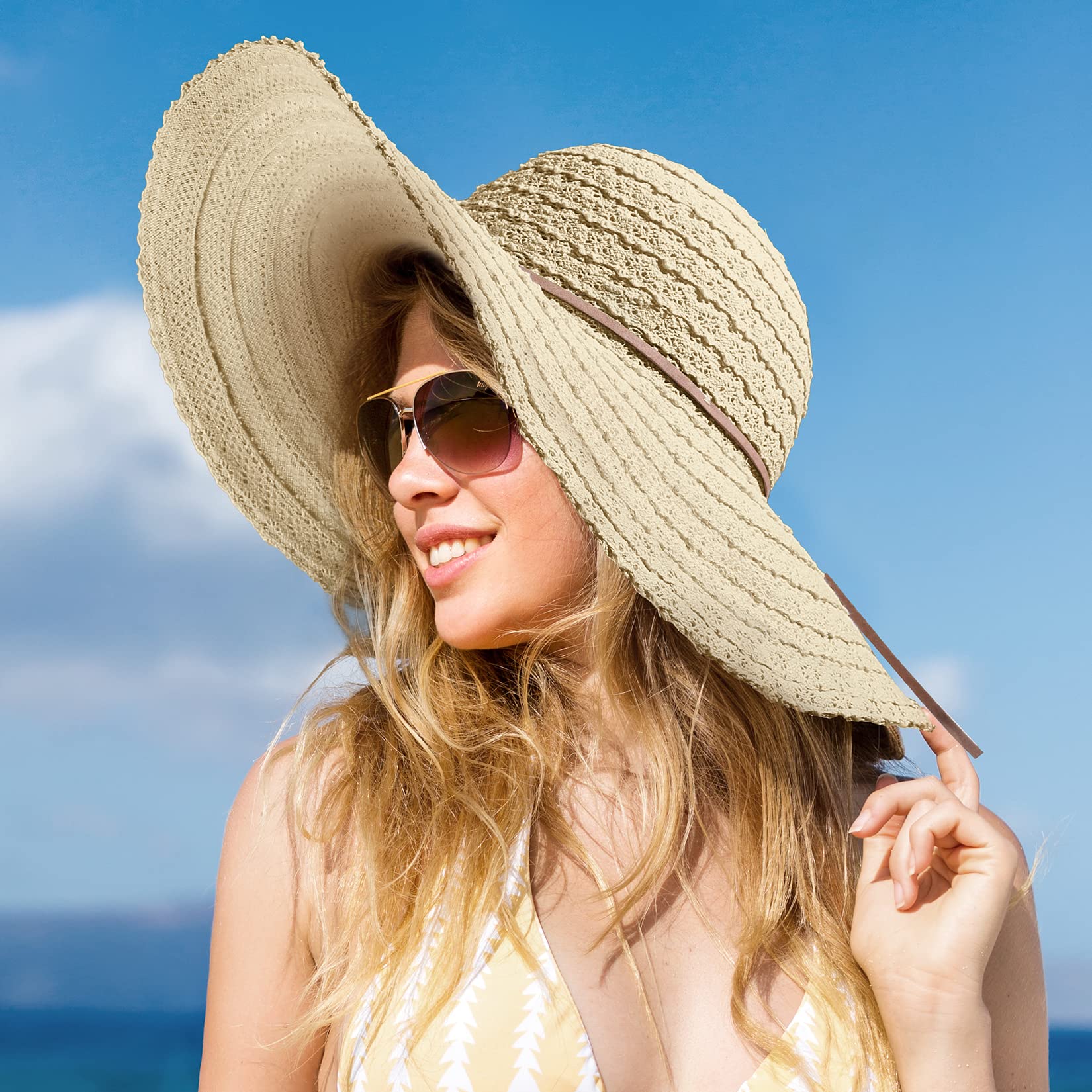 Sun Hats for Women, Floppy Beach Hats for Women Foldable, Wide Brim Summer Hat, Packable Sun Beach Floppy Hats Women Khaki