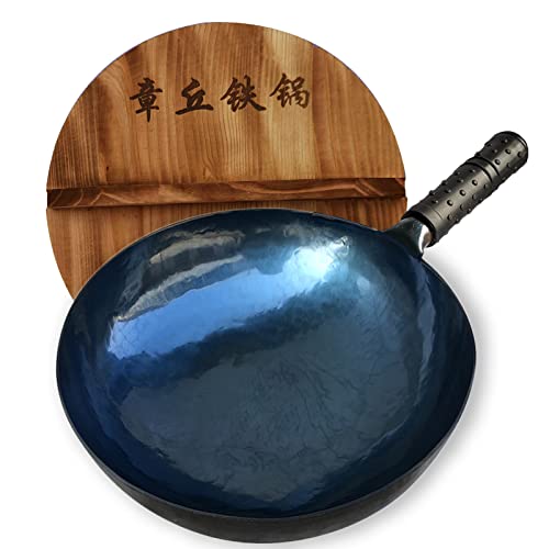 shuoguoleilei Chinese Hand Hammered Iron Woks Set, Non-stick No Coating Preseasoned Wok Blue Round Bottom Wok Pan For Electric, Induction and Gas Stoves （Blue Black-14）