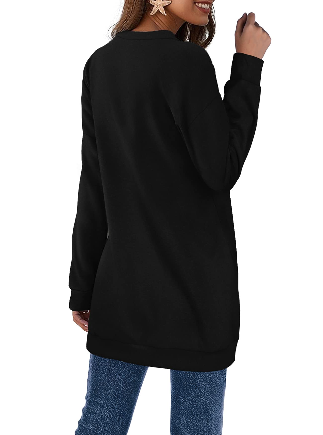 OFEEFAN Oversized Sweatshirts for Women V Neck Long Sleeve Pocket Tops Black XXL