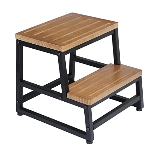 Wooden Step Stools for Kids and Adults, Heavy Duty Bed Steps for High Beds for Adults with Non-Slip Grooves Surface, 2 Step Stool for Bedroom, Kitchen, Bathroom - Holds up to 500 LBS by RORKEE