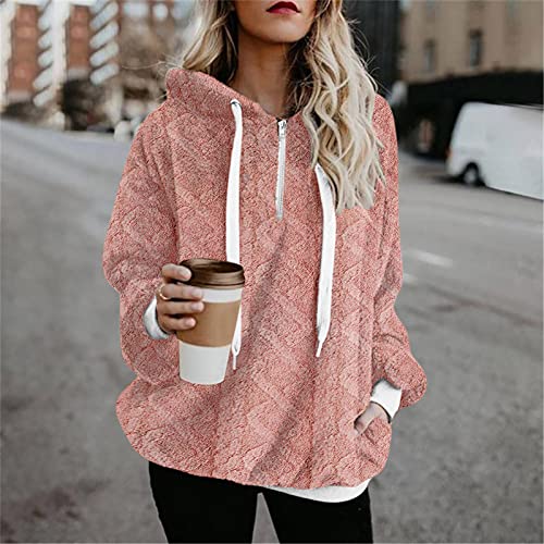 Women Sweatshirt Pocket Drawstring Long-Sleeves Zipper Hoodie Printed Top Open Cardigan Long Pink