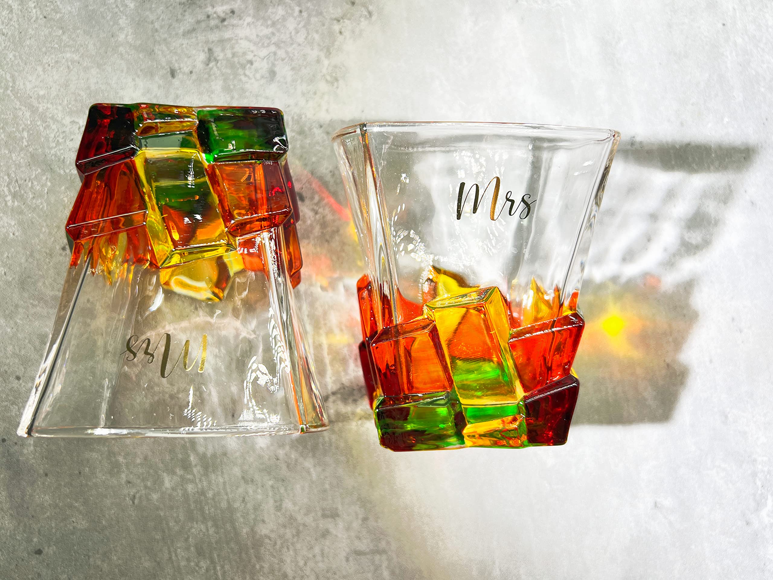 Mrs And Mrs Lesbian Gifts Rainbow Handmade Fused Glass Cubic Icicle Wine Glasses