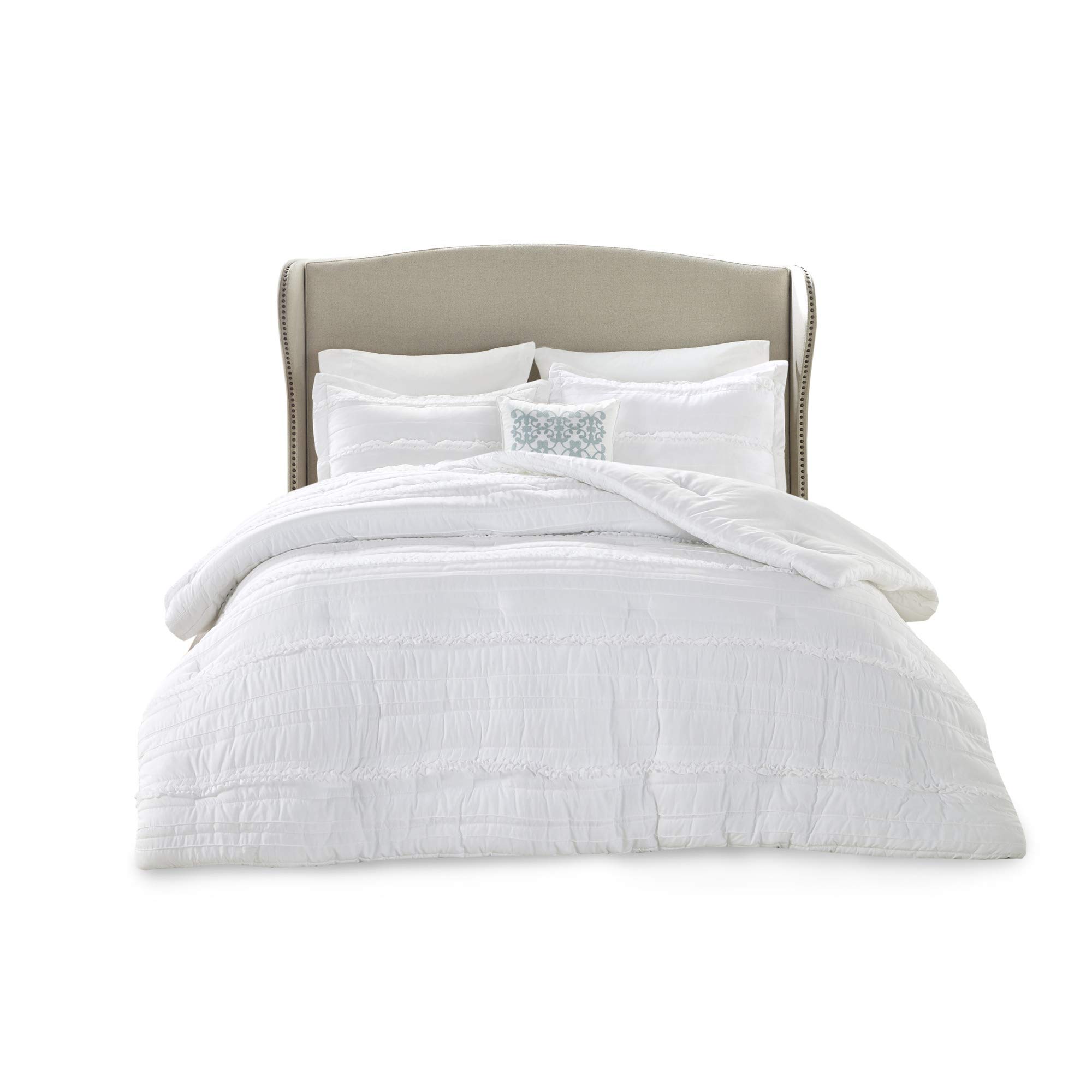 Madison Park Celeste Comforter Set-Textured Luxury Design All Season Down Alternative Bedding, Matching Sham, Decorative Pillows, King(104"x92"), White 5 Piece