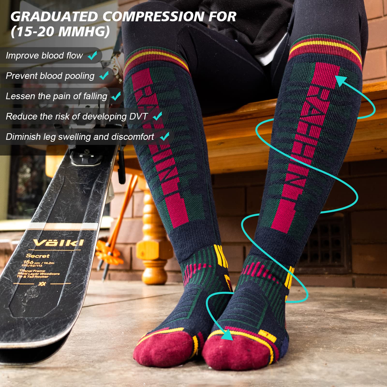 Rahhint Merino Wool Ski Socks 2-Pack, Compression Knee High Thermal Socks Womens Mens for Skiing Snowboarding Cold Weather
