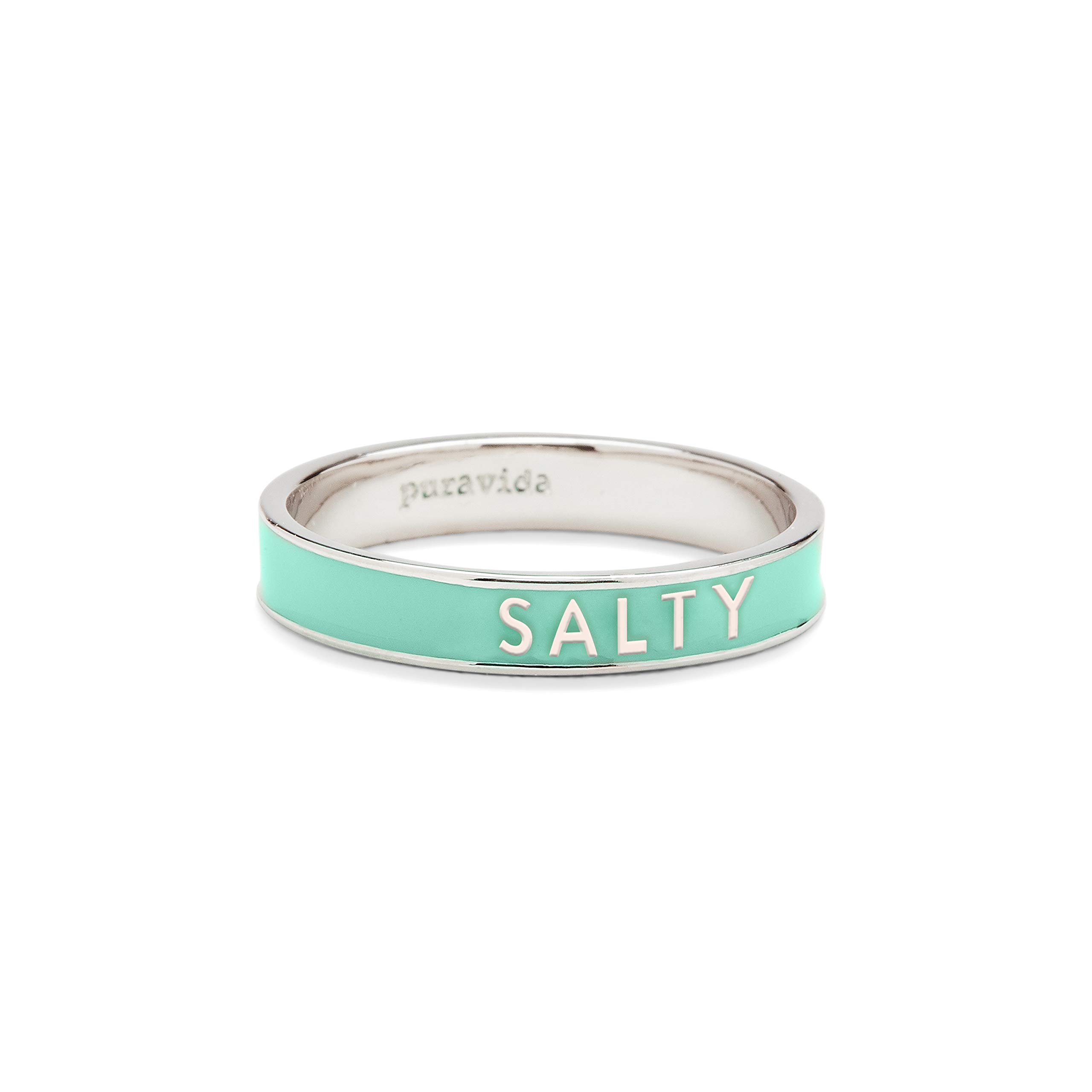 Pura Vida Silver-Plated Salty Word Enamel Stackable Ring - Brass Base, Stylish Design - Teal, Size 5