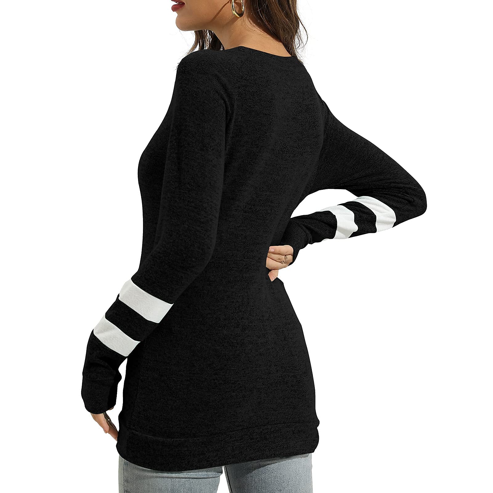 Qcyuui Womens Color Block Sweatshirts Crewneck Sweaters Long Sleeve Shirts Fleece Tunic Tops(Black,Medium)