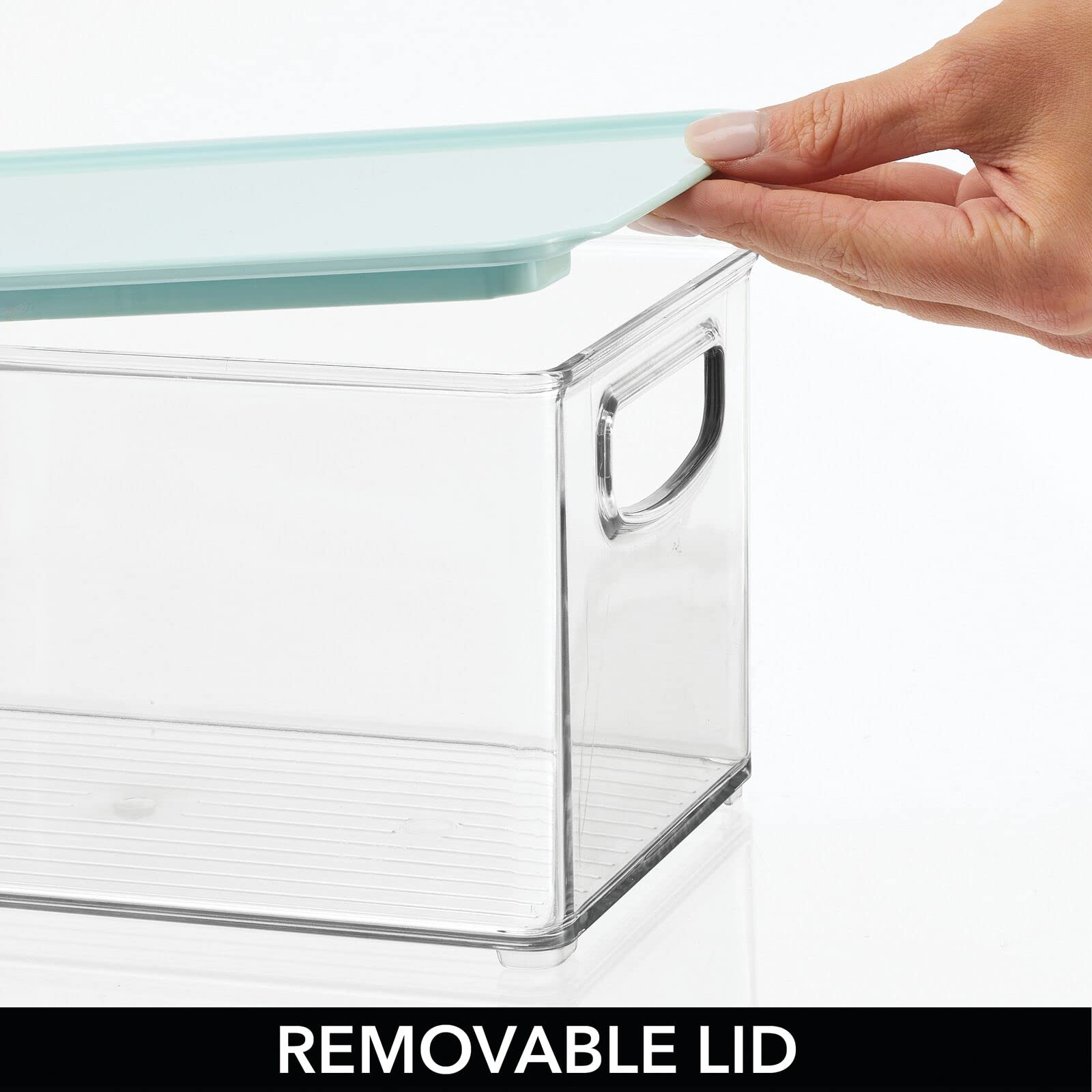mDesign Plastic Storage Bin Box Container, Lid - Built-In Handles - Organization for Toys, Games, Accessories in Play or Game Room, Cabinet, Shelves, Cubby, Ligne Collection, 4 Pack, Clear/Mint Green