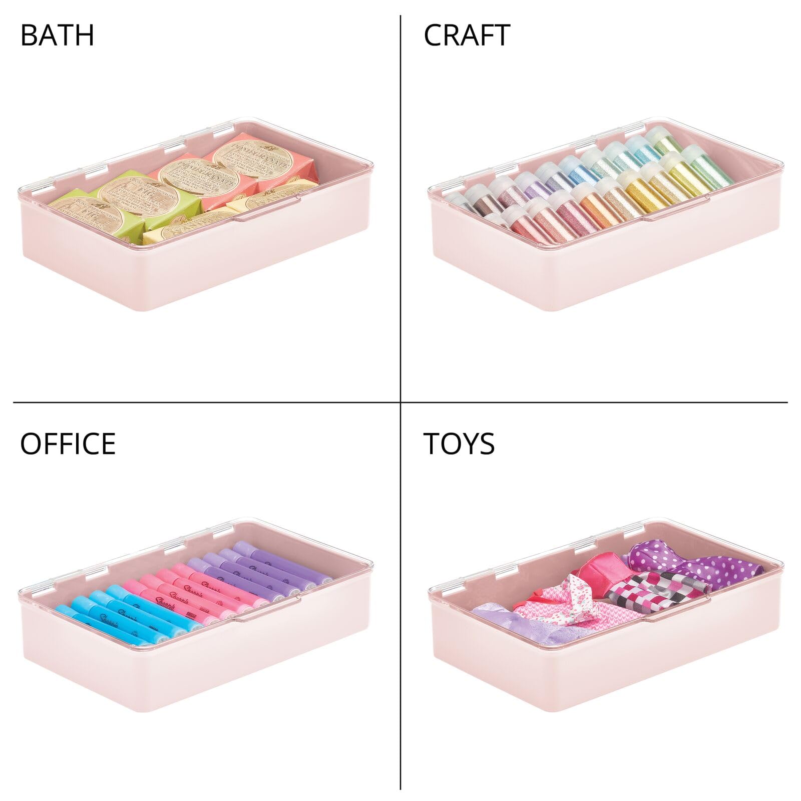 mDesign Plastic Household Storage Bin Box Organizer Container with Hinge Lid for Kitchen, Office, Bathroom, Bedroom, Hold Food, Snacks, Makeup, Toys, Work Supplies, Accessories, Light Pink/Clear