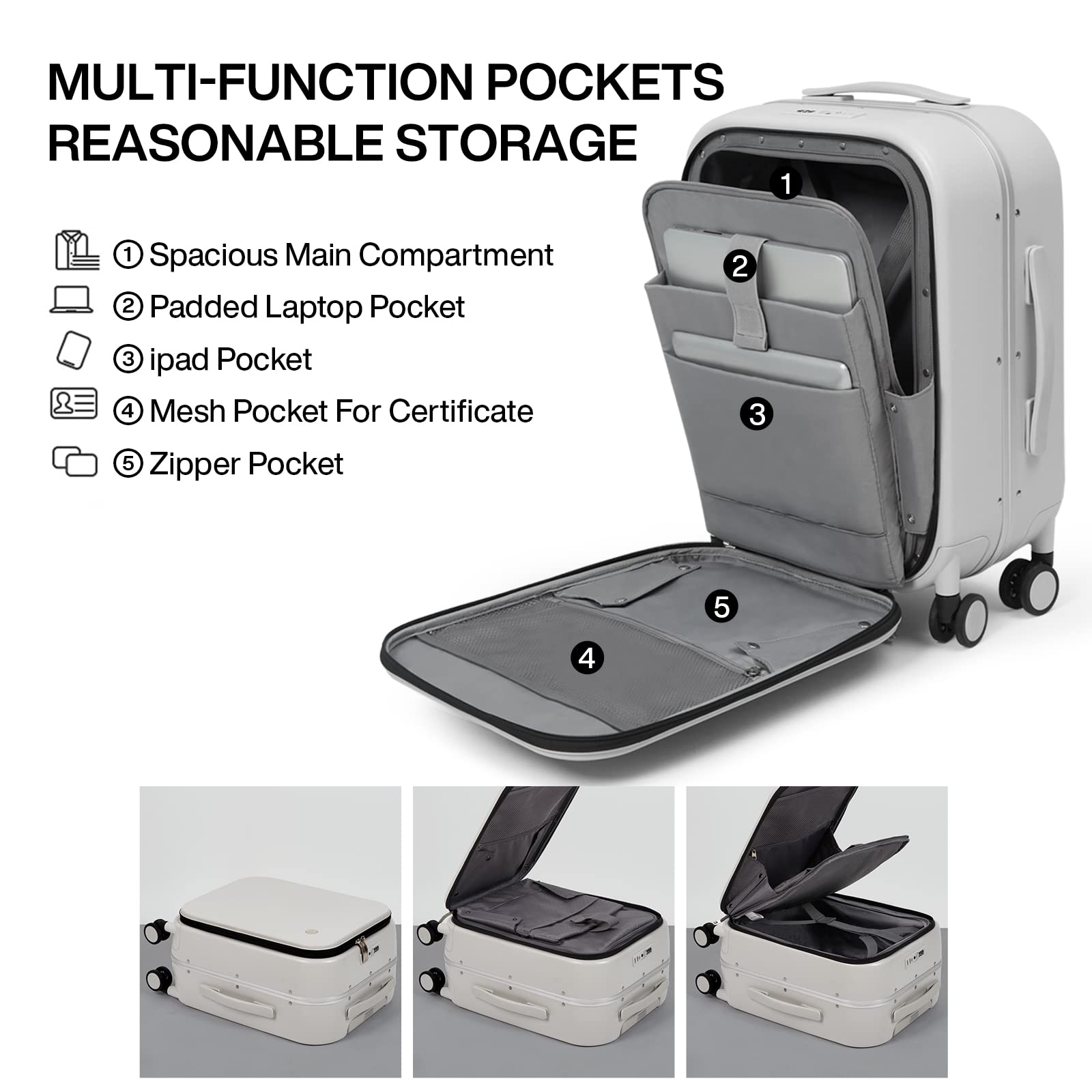 mixi Carry On Luggage, 18'' Suitcases with Spinner Wheels, Rolling Travel Suitcase with Front Laptop Pocket Luggage Aluminum Frame PC Hardside with TSA Lock and Cover, Smoke White