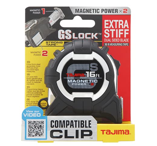 TAJIMA Tape Measure - 16ft x 1in GS-Lock Measuring Tape with Compatible Clip & Dual Magnetic Power - GS-SC16BW