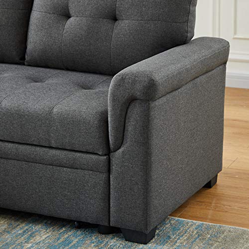 MACHOME Functional Modern L-Shape Linen Reversible Fabric Sleeper Sectional Sofa with Storage Chaise, Dark Gray Corner Couch with Arms for Living Room, Apartment, Home Furniture, Dorm, 53 Inch