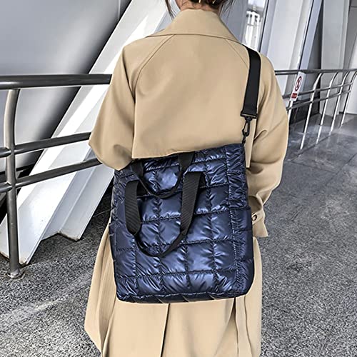 Shoulder Bag for School Women's Bags Solid Color Plaid Quilted Bag Large Capacity Zipper Nylon Shoulder (Blue, One Size)