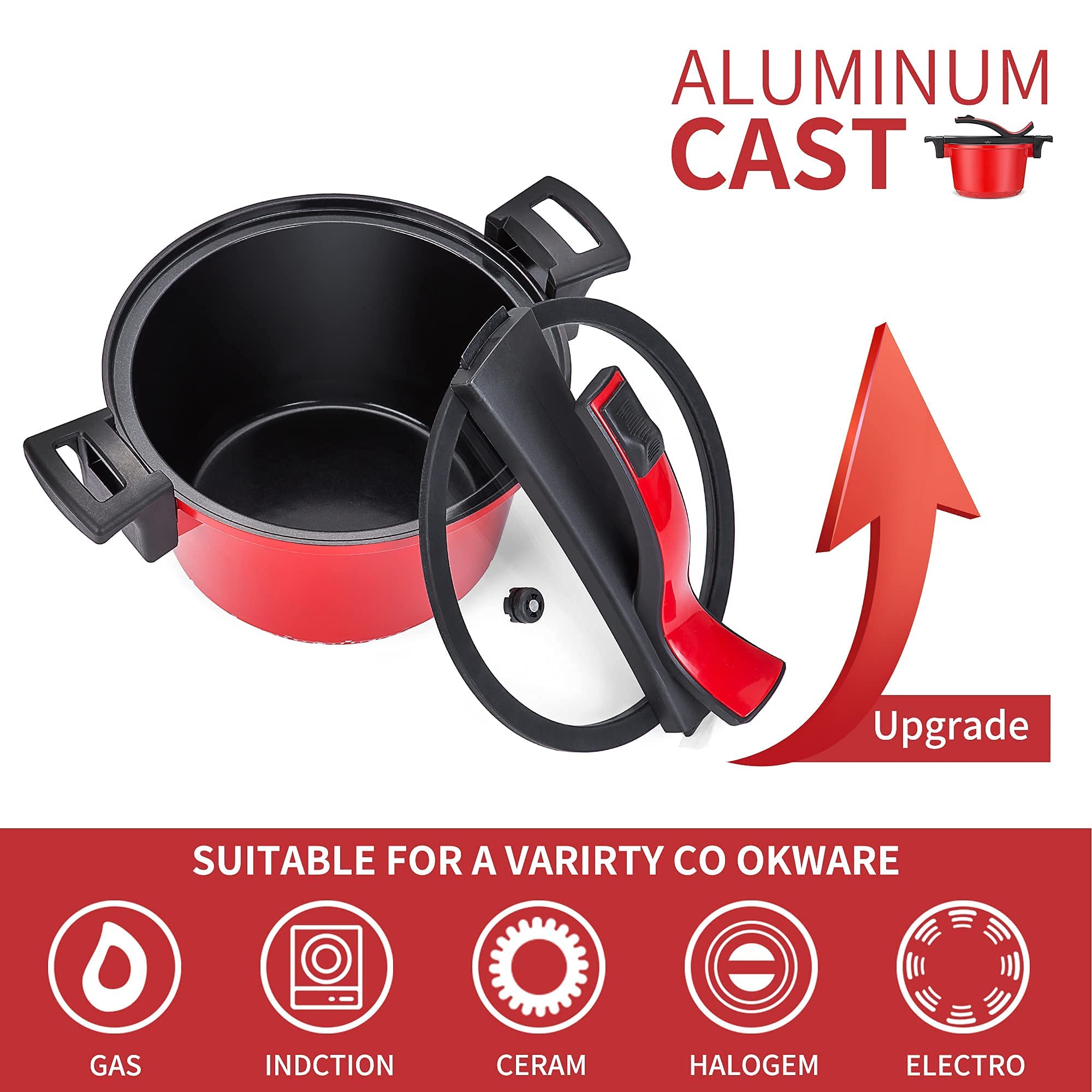 swiflon 5.8 Quart Nonstick Cast Aluminum Stock Pot, Cooking Pot with Easy Lock Low Pressure Lid, with Stainless Induction Base