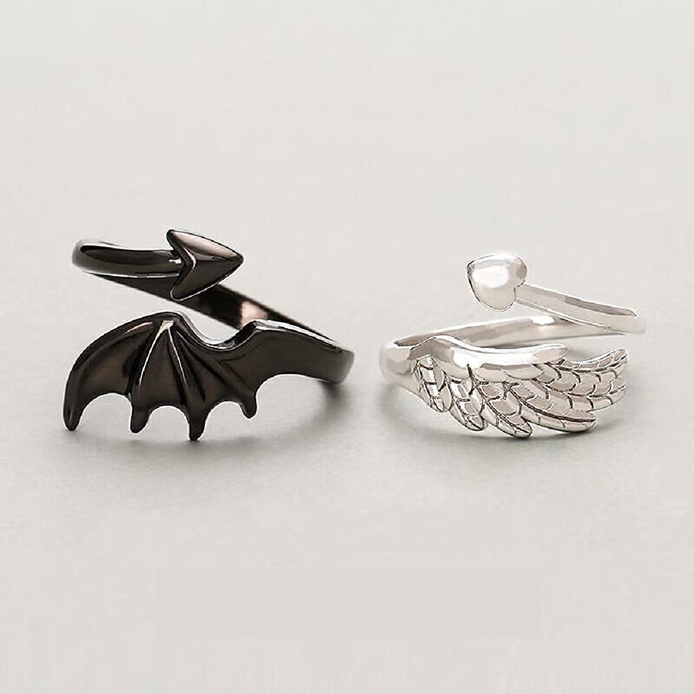 NoveltyShopFun Angel Devil Matching Rings Promise Rings for Couples Friends Open Couple Wrap Rings Adjustable Jewelry Gift for Him Her (2 Rings)
