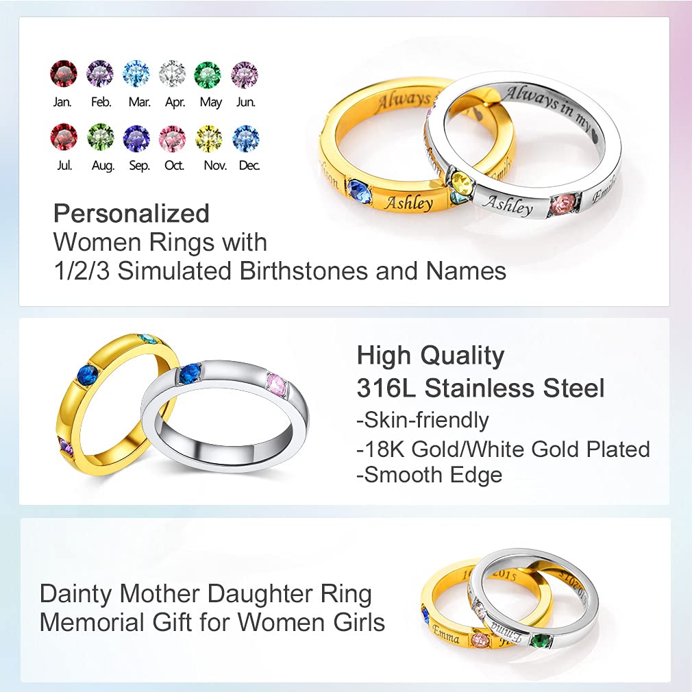 Personalized Mothers Day Rings with 3 Birthstones Engravable Stainless Steel Grandmother Ring Stones Customized Memorial Jewelry Gifts