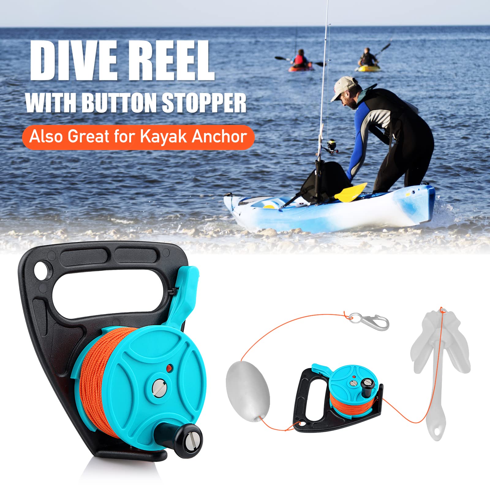 Scuba Dive Reel with Thumb Stopper, 150-foot High Visibility Retractable Line Diving Reel Finger Spool with Handle Stop Switch for Cave and Wreck Exploration, Kayaking Anchor, Spear Fishing, SMB Blue