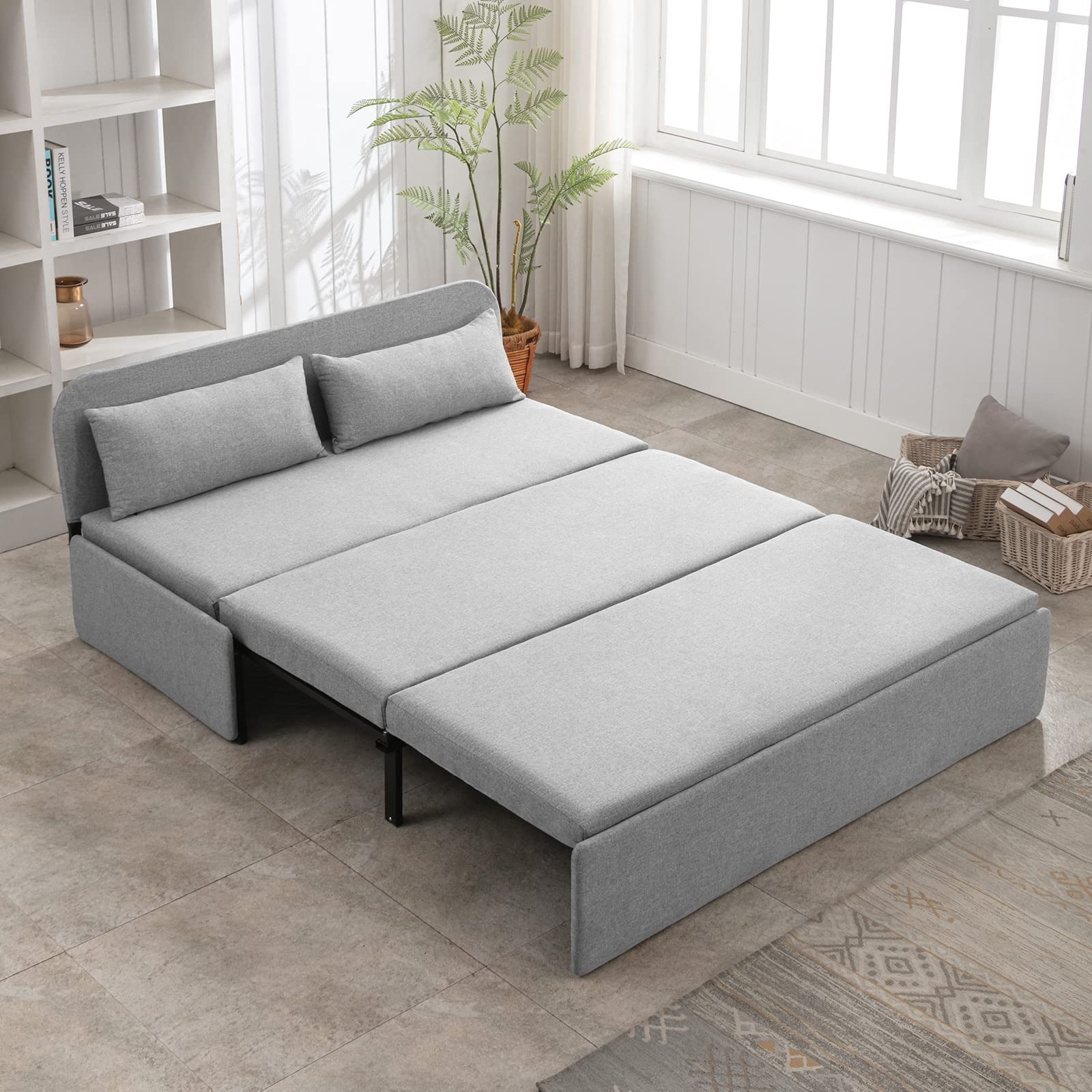 Mjkone Twin Size Pull out Sofa bed, 2-in-1 Modern Pull out Linen Sleeper Sofa Couch, Revesible couch bed with Cushions&Throw Pillows for Small place/Apartment/Living Room/Office/Studio(Light Gray)