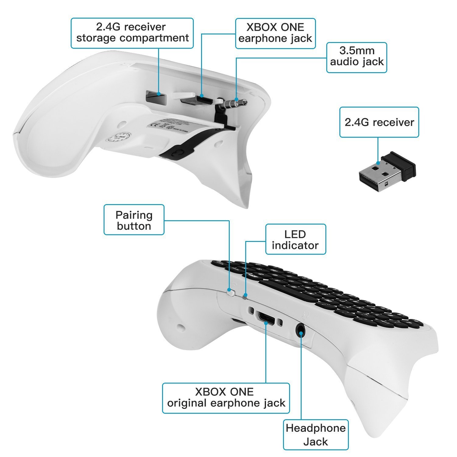 Megadream Xbox One Wireless Chatpad Keyboard with 3.5mm Audio Jack for Xbox One/One S/One X, Xbox Series S/X, Xbox One Elite/Elite 2, PC β 2.4G USB Receiver & Charge Cable included