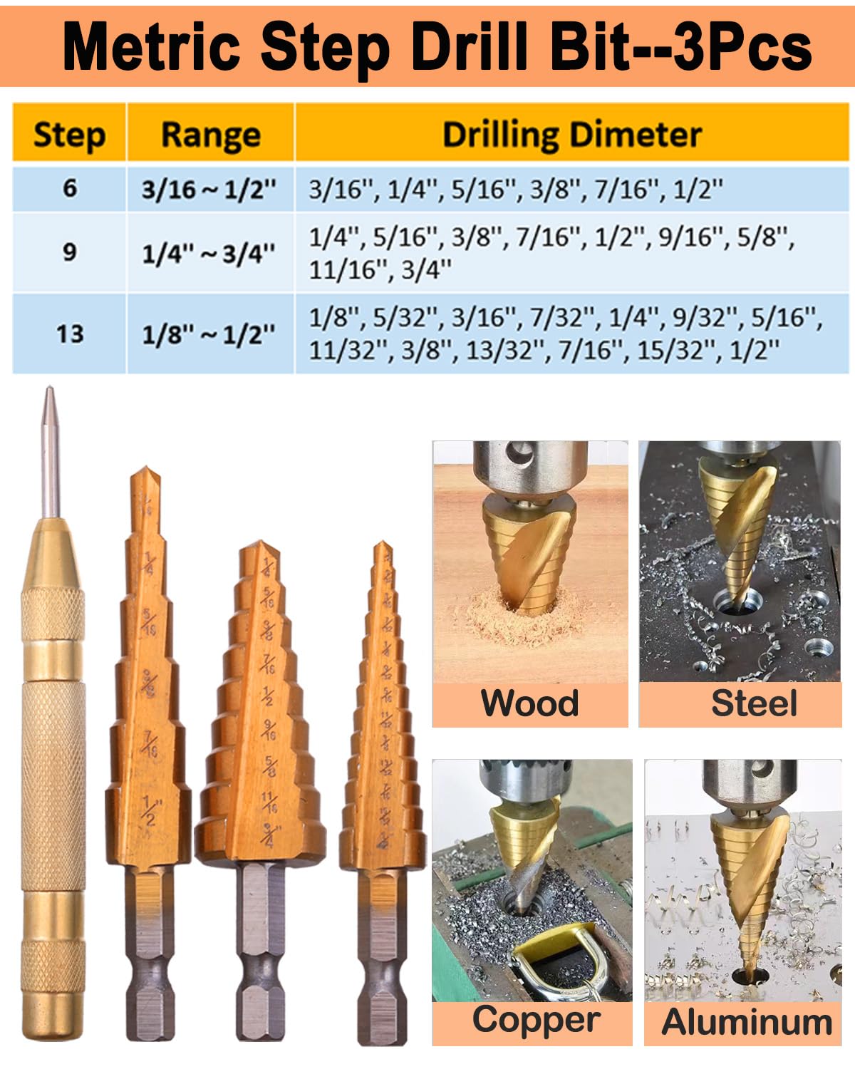 WENHUALI 29-Pack Woodworking Chamfer Drilling Tools, 6 Countersink Drill Bits, 7 Counter Sinker Drill Bit, 8 Wood Plug Cutter, 3 Step Drill Bits and 3 Countersink Drill Bit with 1pcs Center Punch.