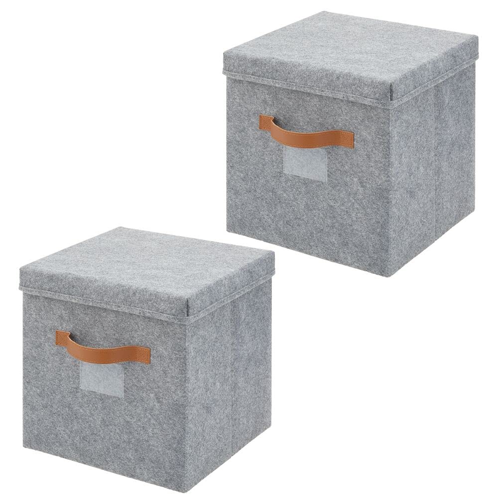mDesign Set of 2 Wardrobe Storage Box — Clothes Storage Boxes for the Bedroom and Wardrobe — Wardrobe Organiser Boxes for Clothes, Hats, Shoes and More — Grey/Tan