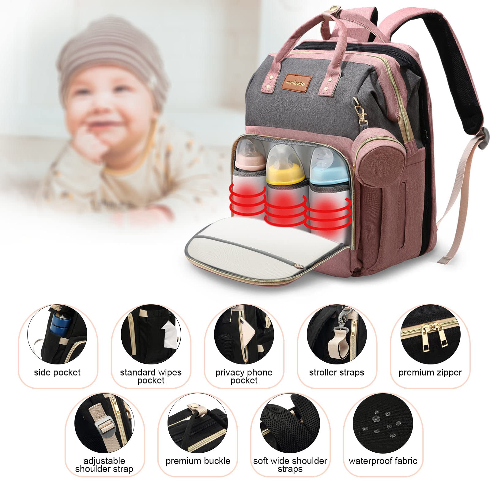 WOOMADA Baby Diaper Bag Backpack with Changing Station & Organizing Pouches for Baby Girl (pink2)