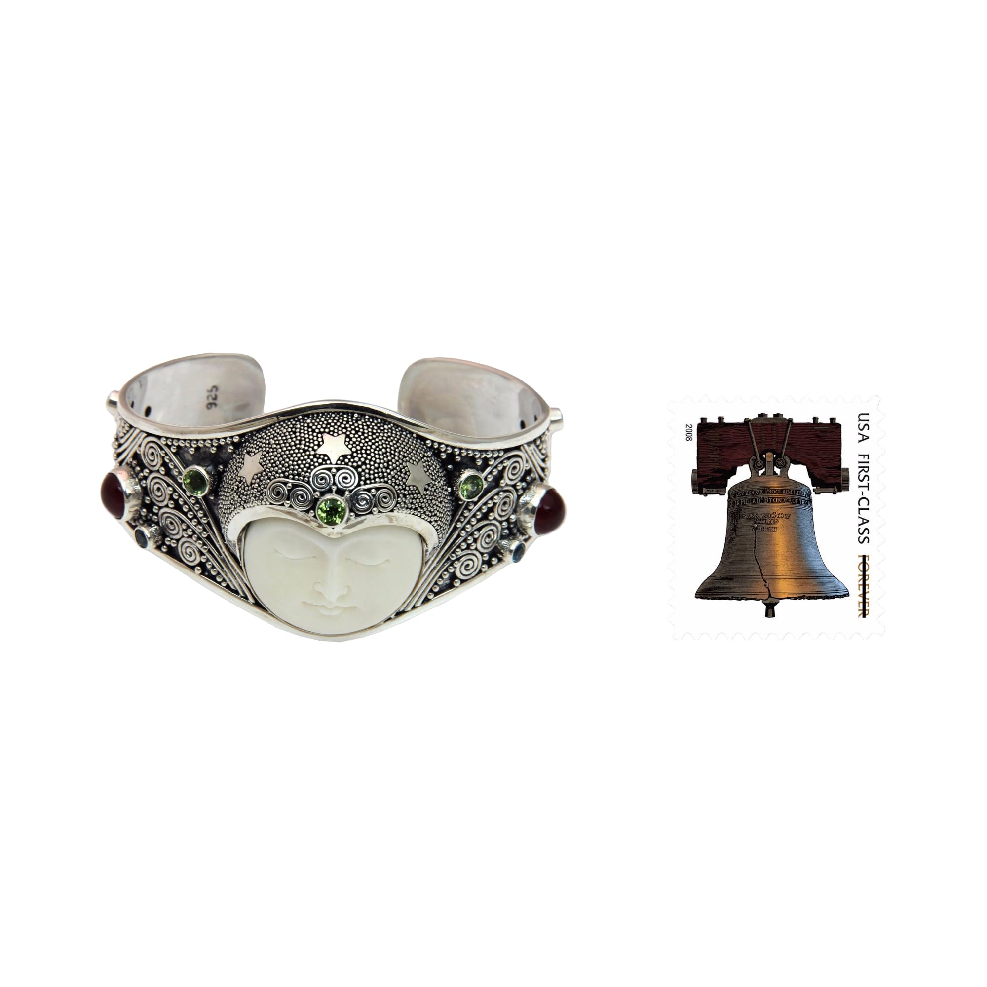 NOVICA Artisan Handmade Peridot Carnelian Cuff Bracelet with Gemstones Bone Silver Sterling Blue Topaz Multigem Green Multicolor Red Indonesia Sun Moon Birthstone Balinese Traditional [6 in Inner Cir]