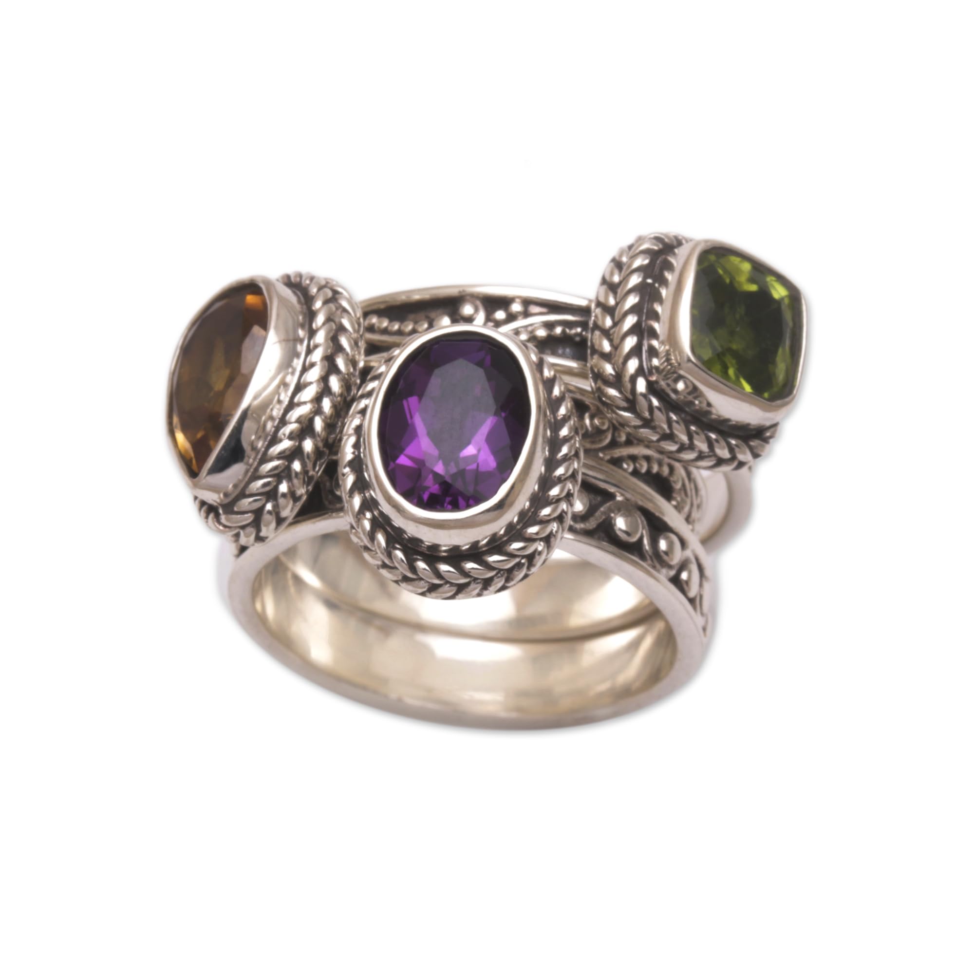 NOVICA Artisan Handmade .925 Sterling Silver Multigemstone Stacking Rings Amethyst Citrine Peridot Cocktail Indonesia Birthstone 'Perfect Prism' (set of 3)