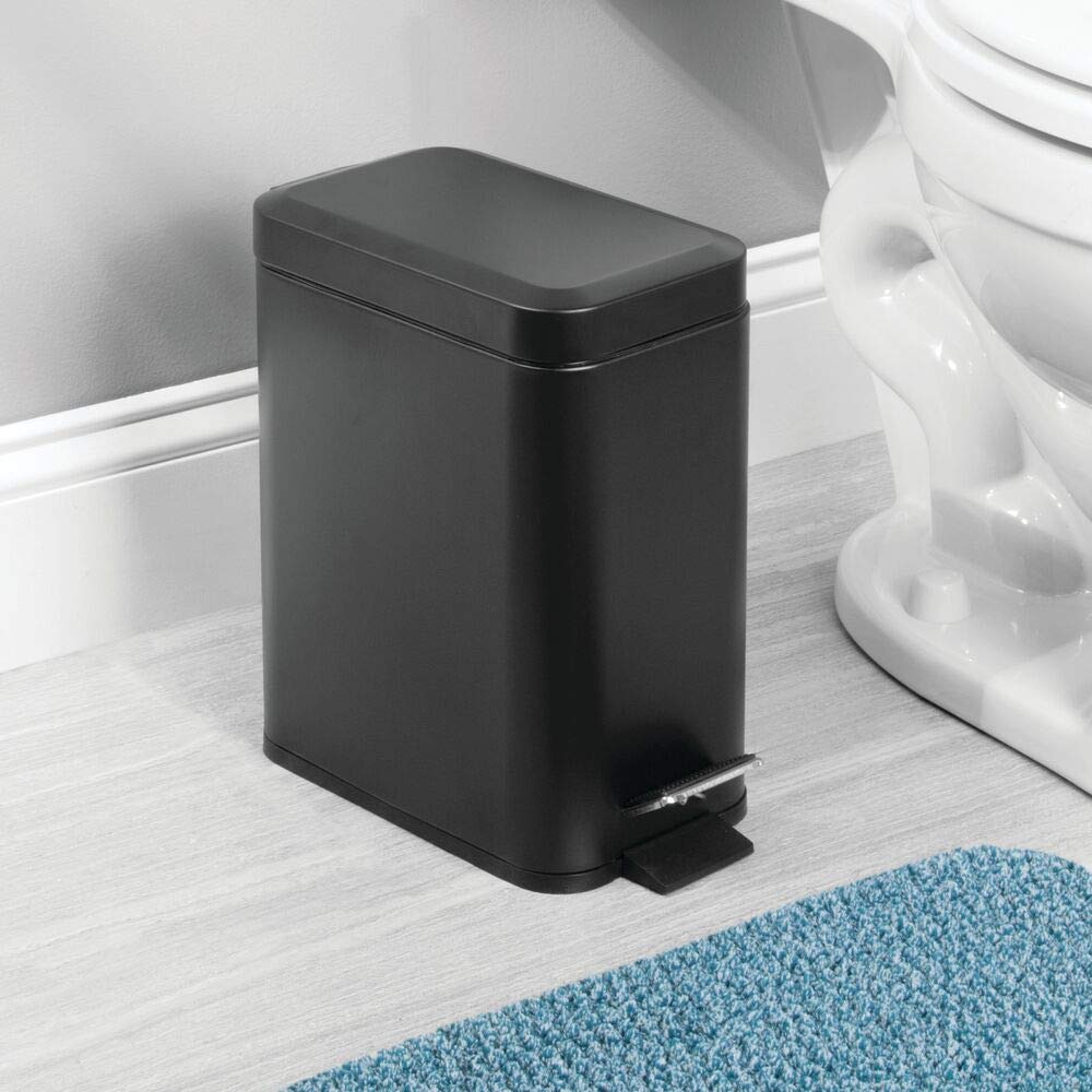 mDesign Slim Metal Rectangle 2.6 Gallon Trash Can with Step Pedal, Easy-Close Lid, Removable Liner - Narrow Wastebasket Garbage Container Bin for Bathroom, Bedroom, Kitchen, Office - Black