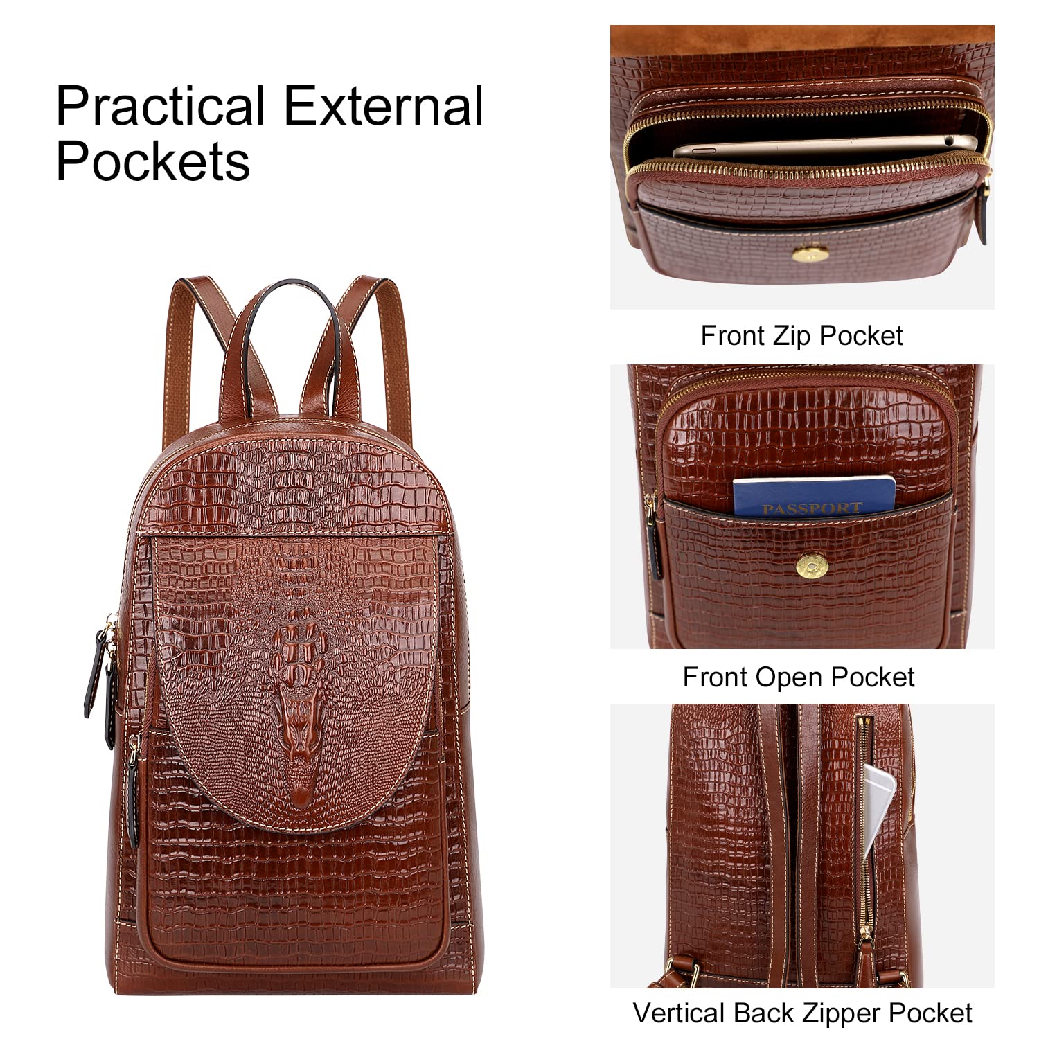 PIJUSHI Womens Genuine Leather Backpack Purse for Women Crocodile Leather Backpack (66512 Brown)